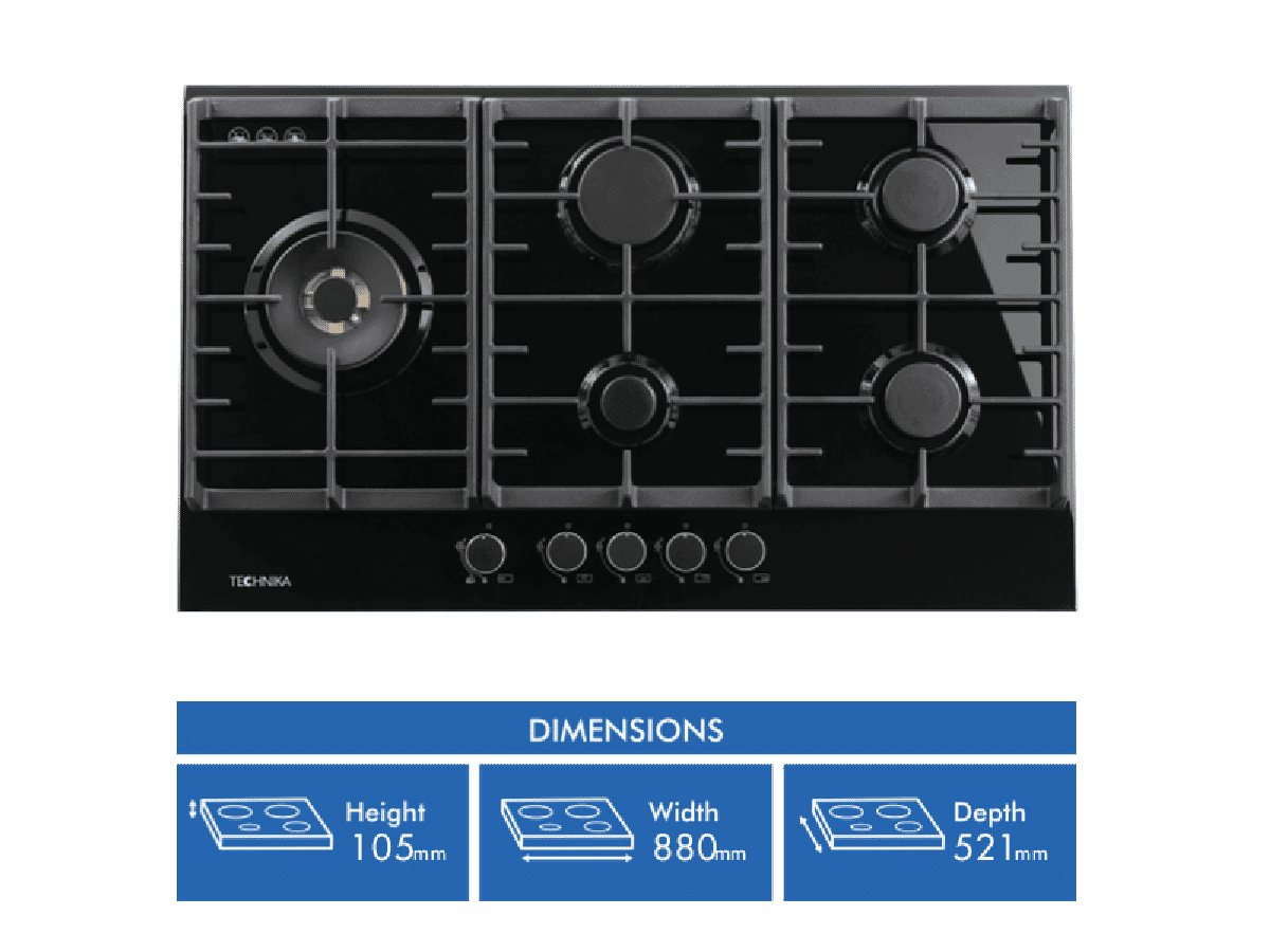 Technika 90cm Gas on Glass Black Cooktop TGC9GLBK