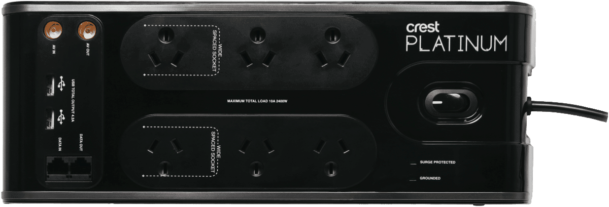 Crest 6 Socket AV Surge Protect Powerboard PWU06905C