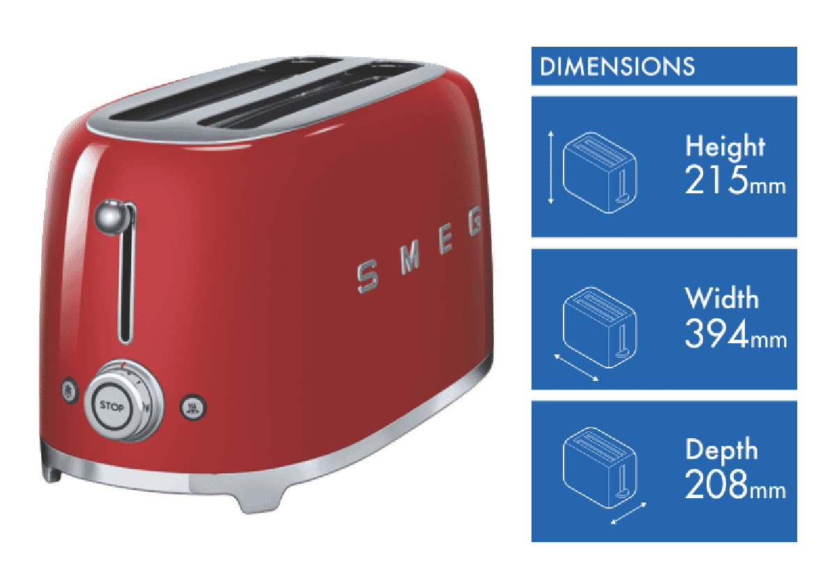 Smeg 50's Style Longslot 4 Slice Toaster Red TSF02RDAU