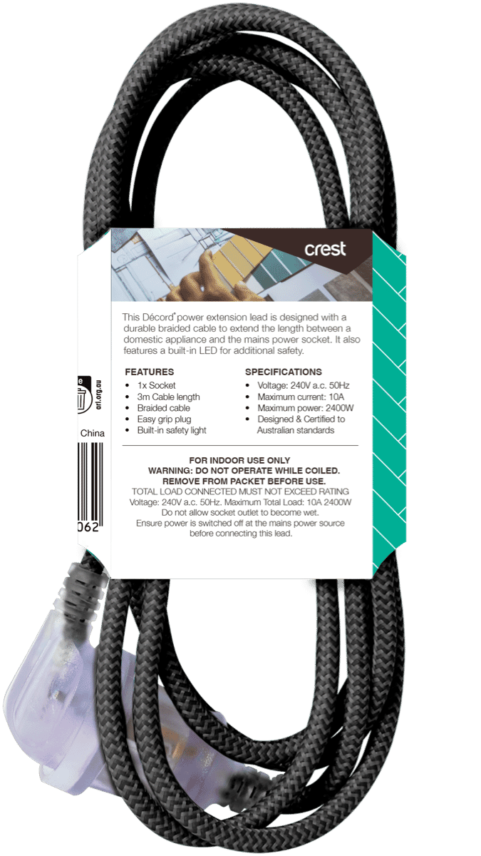 Crest Decord Braided Extension Lead 3m (Black) PWK14006