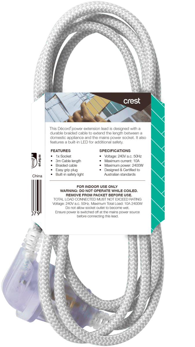 Crest Decord Braided Extension Lead 3m (Grey) PWK14007