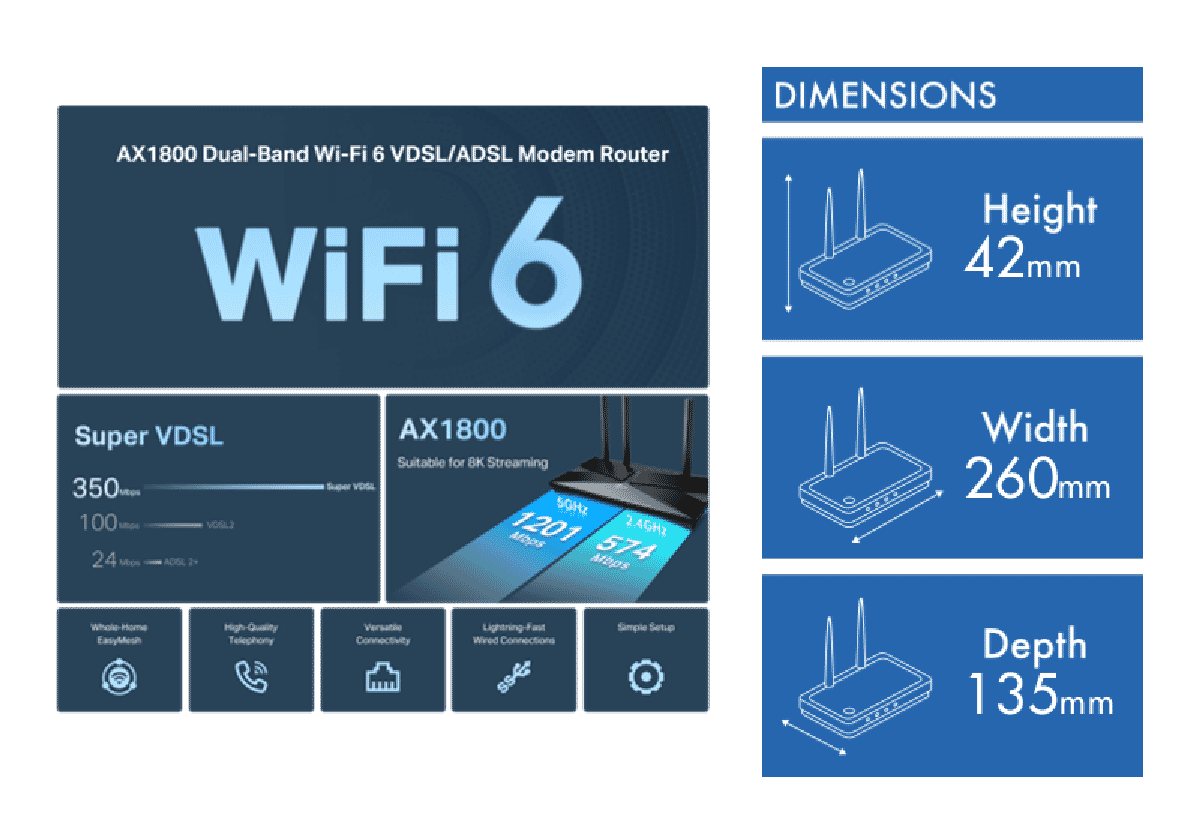 TP-LINK AX1800 Dual-Band Wi-Fi 6 VDSL/ADSL Modem Router ARCHER-VX1800V