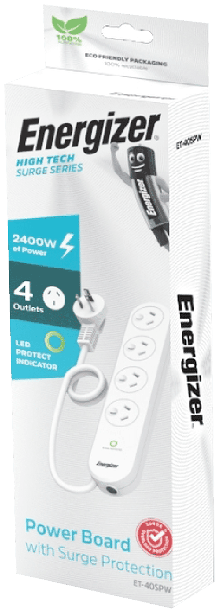 Energizer 4 Outlet Power Board with Surge Protection ET4OSPW