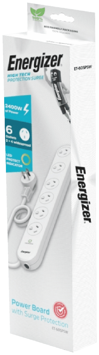 Energizer 6 Outlet Power Board with Surge Protection ET6OSPSW