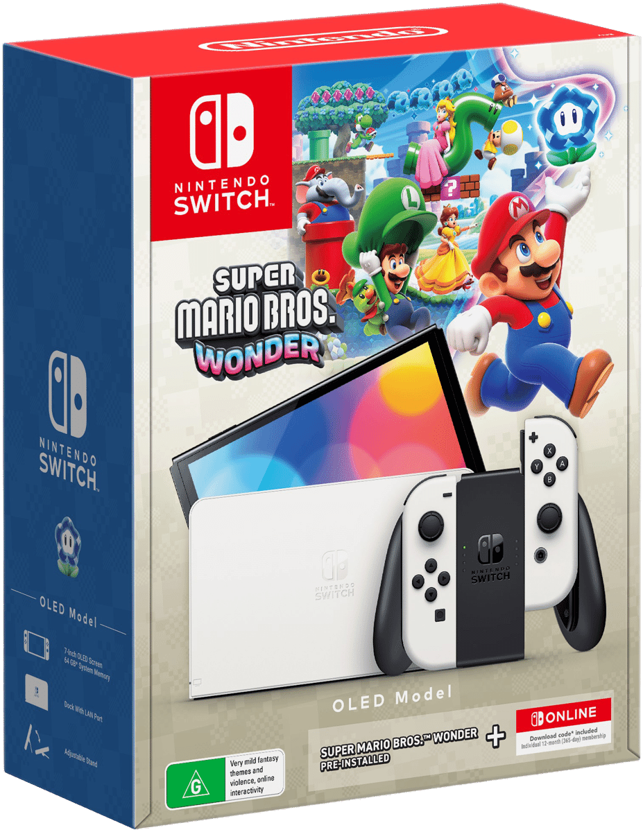 NintendoSwitch OLED White Super Mario Bros. Wonder NSO 12 Month Bundle